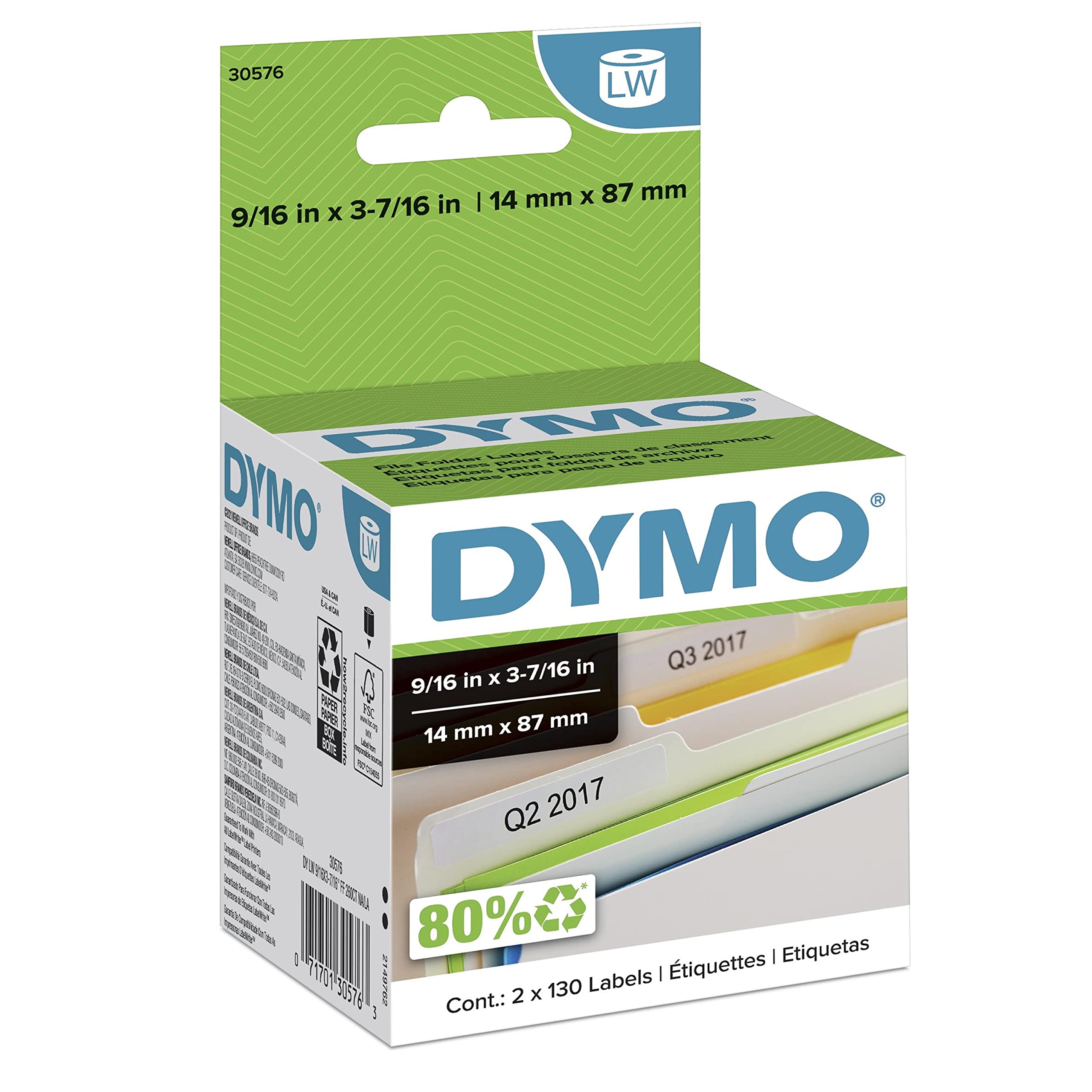 DYMO LW File Folder Labels for LabelWriter for Label Printers, White, 9/16'' x 3-7/16'', 2 rolls of 130 (30576)