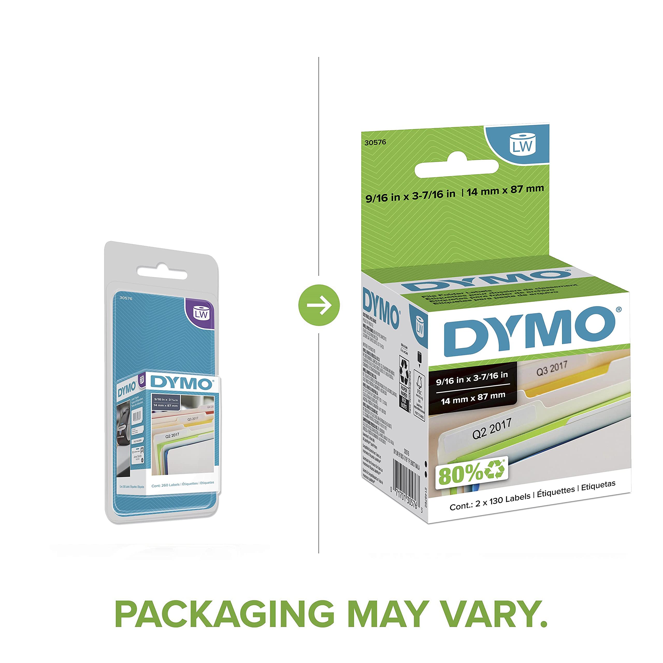 DYMO LW File Folder Labels for LabelWriter for Label Printers, White, 9/16'' x 3-7/16'', 2 rolls of 130 (30576)