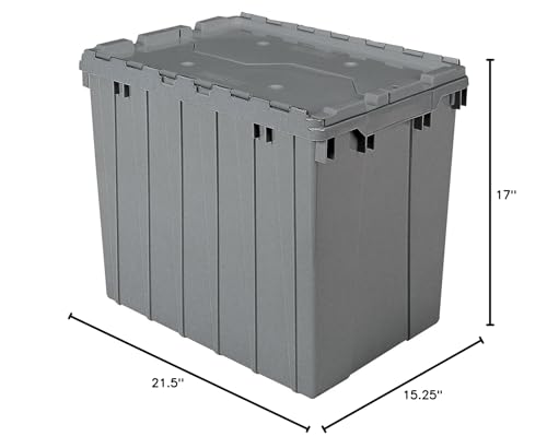 Akro-Mils 39170 Industrial Plastic Storage Tote with Hinged Attached Lid, (21-Inch L by 15-Inch W by 17-Inch H), Gray, (3-Pack)