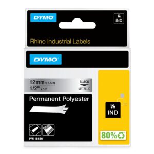 dymo rhino industrial permanent polyester labels, 1/2", black print on metallic tape