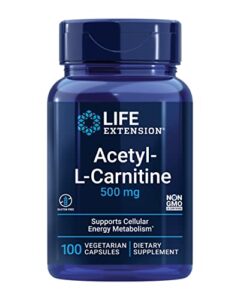 life extension acetyl-l-carnitine, acetyl-l-carnitine, vitamin c, brain, mood & nerve health, cellular energy, 3-month supply, gluten-free, non-gmo, vegetarian, 100 capsules