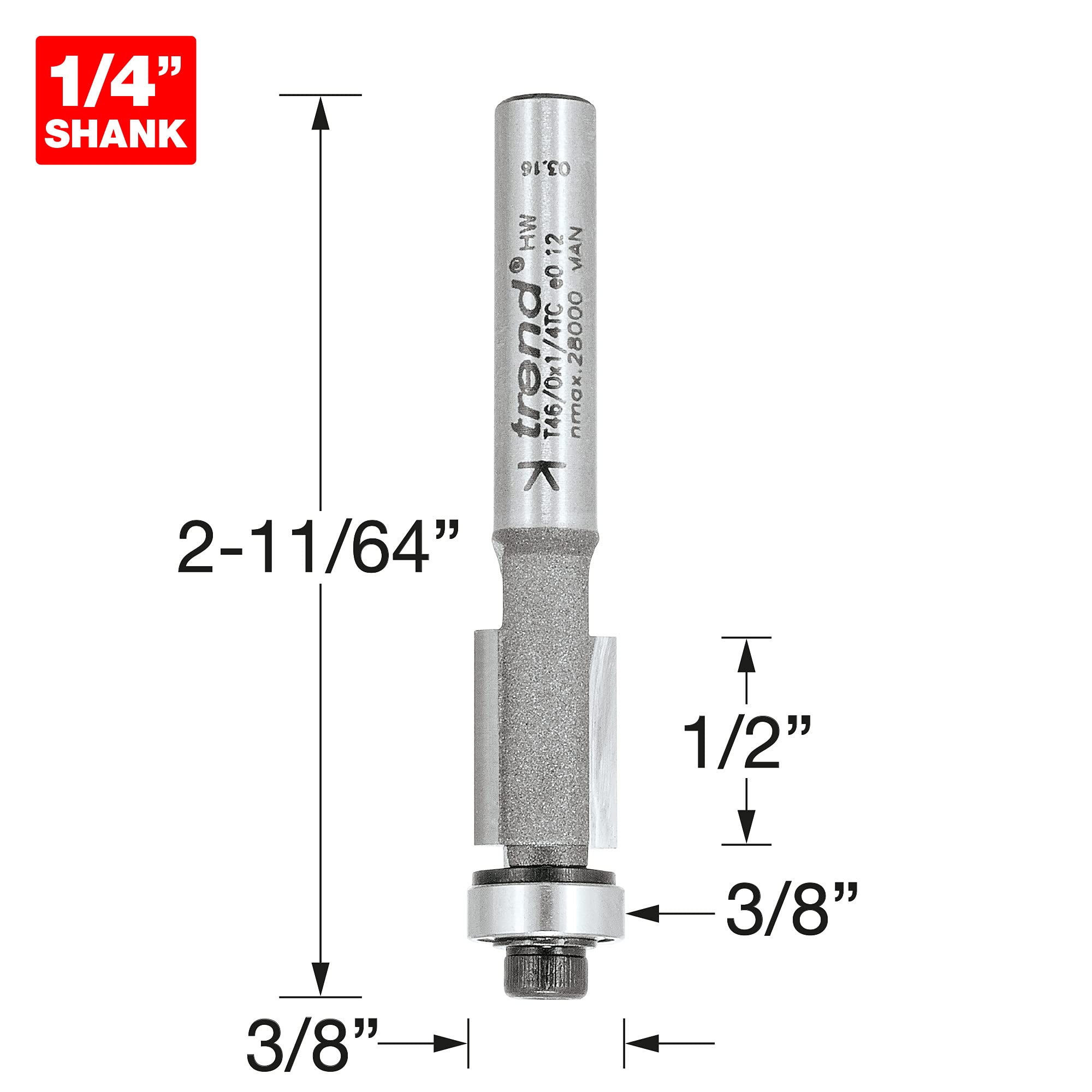 Trend Professional Trimming Cutter, 3/8" Diameter x 1/2" Cut, 90-Degree, 1/4 Inch Shank, Bearing Mounted, Tungsten Carbide Tipped, T46/0X1/4TC