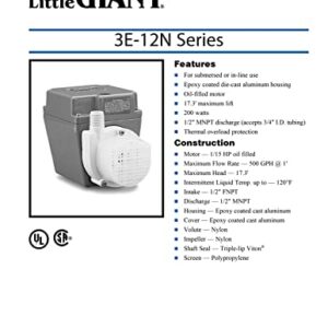 Little Giant 3E-12N, 115-Volt, 1/15 HP 500 GPH Oil-filled Direct Drive In-Line or Submersible Pump with 6-ft. Cord, Blue, 503103