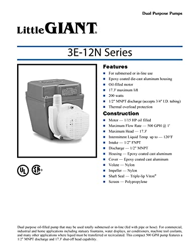 Little Giant 3E-12N, 115-Volt, 1/15 HP 500 GPH Oil-filled Direct Drive In-Line or Submersible Pump with 6-ft. Cord, Blue, 503103