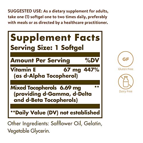 Solgar Vitamin E 67 mg (100 IU), 100 Mixed Softgels - Natural Antioxidant, Skin & Immune System Support - Naturally-Sourced Vitamin E - Gluten Free, Dairy Free - 100 Servings