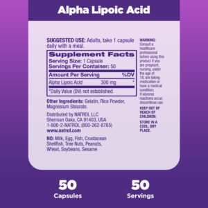 Natrol Alpha Lipoic Acid Capsules, Antioxidant Protection, ALA, Helps Protect Against Cellular Oxidation and Age-Related Damage, Whole Body Cell Rejuvenation, 300mg, 50 Count