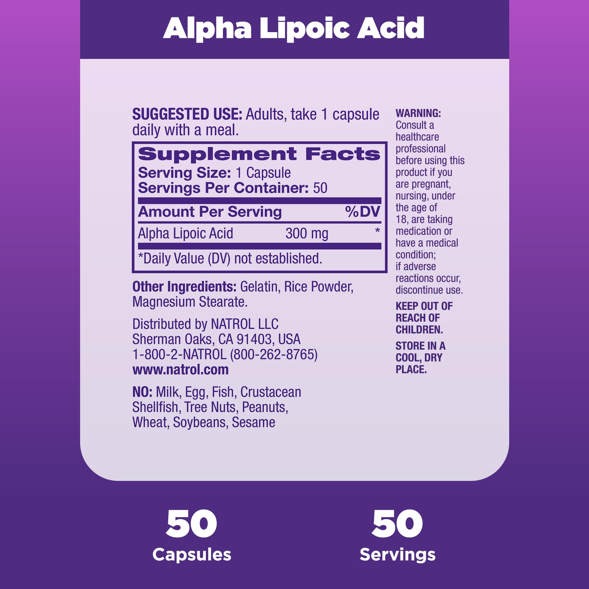 Natrol Alpha Lipoic Acid Capsules, Antioxidant Protection, ALA, Helps Protect Against Cellular Oxidation and Age-Related Damage, Whole Body Cell Rejuvenation, 300mg, 50 Count