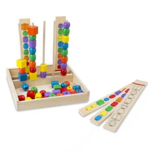 melissa & doug bead sequencing set with 46 wooden beads and 5 double-sided pattern boards - color recognition toys, matching shapes stacker, shape sorter toys for kids ages 4+