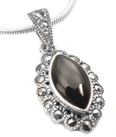 sterling silver marcasite and black stone flower pendant