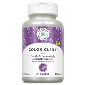 natural balance colon clenz | herbal colon cleanse, detox cleanse, and digestive health supplement - gentle and dependable overnight formula - 60-day guarantee (120 servings, 120 vegcaps)