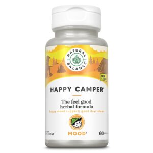 natural balance happy camper - feel-good mood support supplement - gotu kola, passion flower, and kava kava capsules - 60-day guarantee (30 servings, 60 vegcaps)