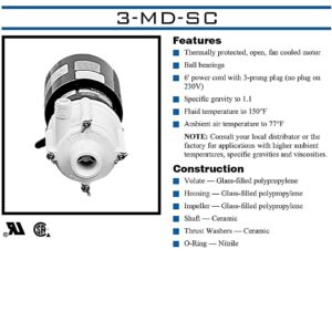 Little Giant 115 Volt, 1/12 HP, 750 GPH 3-MD-SC Semi-Corrosive Chemical Magnetic Drive Pump, 6-Foot Cord with Plug, Black/White, 581503