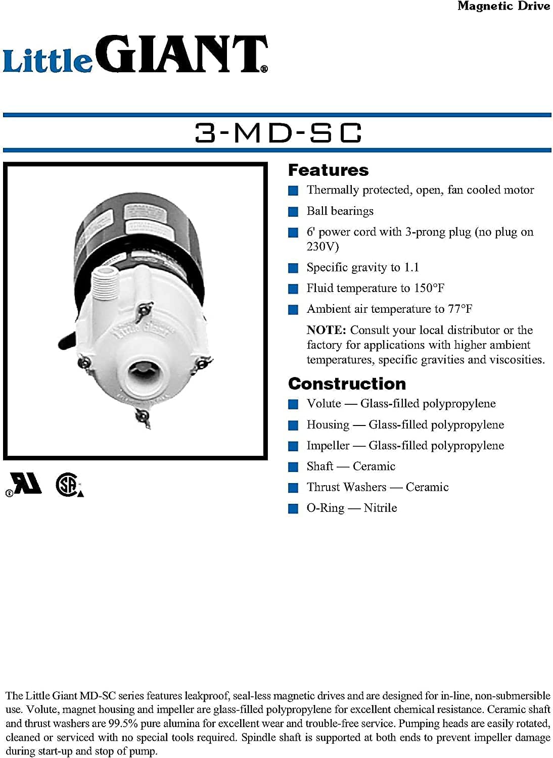 Little Giant 115 Volt, 1/12 HP, 750 GPH 3-MD-SC Semi-Corrosive Chemical Magnetic Drive Pump, 6-Foot Cord with Plug, Black/White, 581503