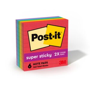 post-it super sticky notes, 4x4 in, 6 pads, 2x the sticking power, playful primaries, primary colors (red, yellow, green, blue, purple), recyclable (6445-ssp)