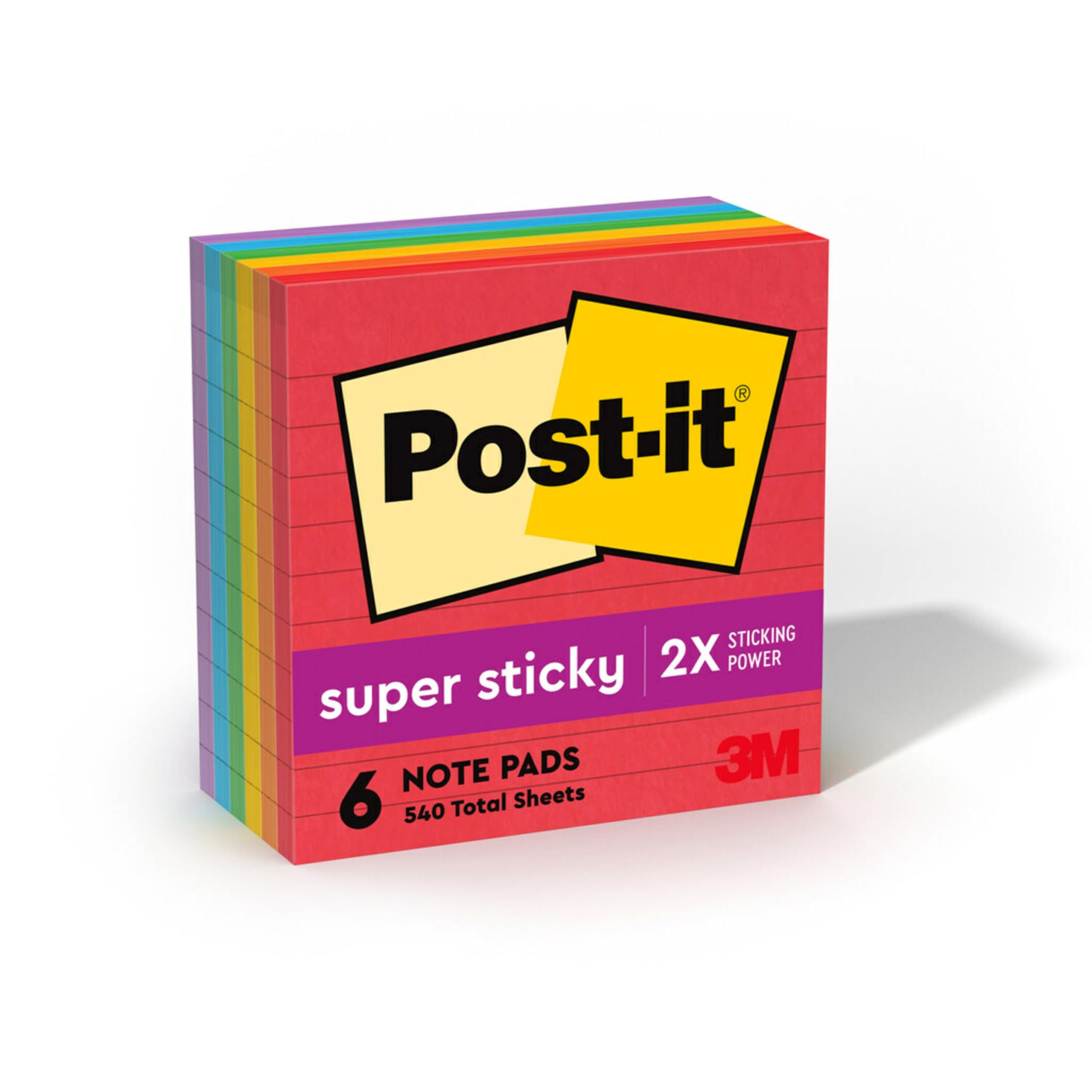 Post-it Super Sticky Notes, 4x4 in, 6 Pads, 2x the Sticking Power, Playful Primaries, Primary Colors (Red, Yellow, Green, Blue, Purple), Recyclable (6445-SSP)