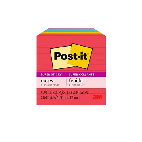 Post-it Super Sticky Notes, 4x4 in, 6 Pads, 2x the Sticking Power, Playful Primaries, Primary Colors (Red, Yellow, Green, Blue, Purple), Recyclable (6445-SSP)