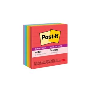 Post-it Super Sticky Notes, 4x4 in, 6 Pads, 2x the Sticking Power, Playful Primaries, Primary Colors (Red, Yellow, Green, Blue, Purple), Recyclable (6445-SSP)