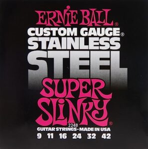 ernie ball super slinky stainless steel electric guitar strings, 9-42 gauge (p02248)