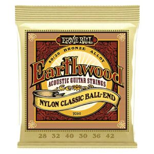 ernie ball folk nylon clear & gold ball-end 80/20 bronze acoustic guitar strings, 28-42 gauge (p02069)