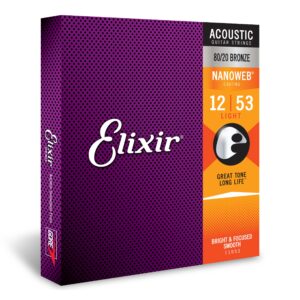 elixir strings, acoustic guitar strings, 80/20 bronze with nanoweb coating, longest-lasting bright and focused tone with comfortable feel, 6 string set, light 12-53