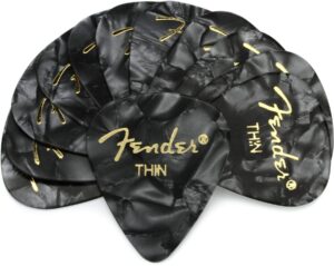 fender premium celluloid guitar picks 351 shape, black moto, thin, 12-pack