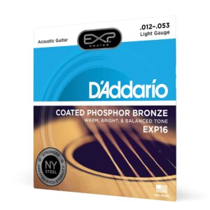 d’addario exp16 coated phosphor bronze acoustic guitar strings, light, 12-53 – offers a warm, bright and well-balanced acoustic tone and 4x longer life - with ny steel for strength and pitch stability