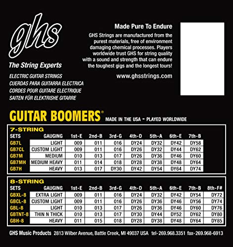 GHS Strings GB7L 7-String Guitar Boomers, Nickel-Plated Electric Guitar Strings, Extra Light (.009-.058)