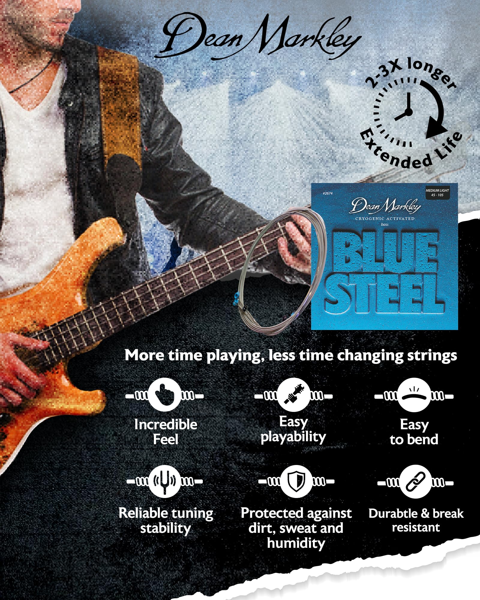 Dean Markley Electric Bass Guitar Strings 2674 Blue Steel Electric Long Scale 45-105 Medium Light Gauge, Cryogenically Processed for Longer Life