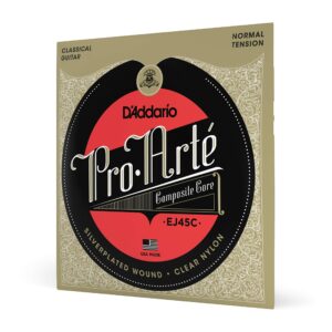 d'addario guitar strings - pro-arte classical guitar strings - ej45c - nylon guitar strings - silver plated wrap, composite core, clear nylon trebles - normal tension