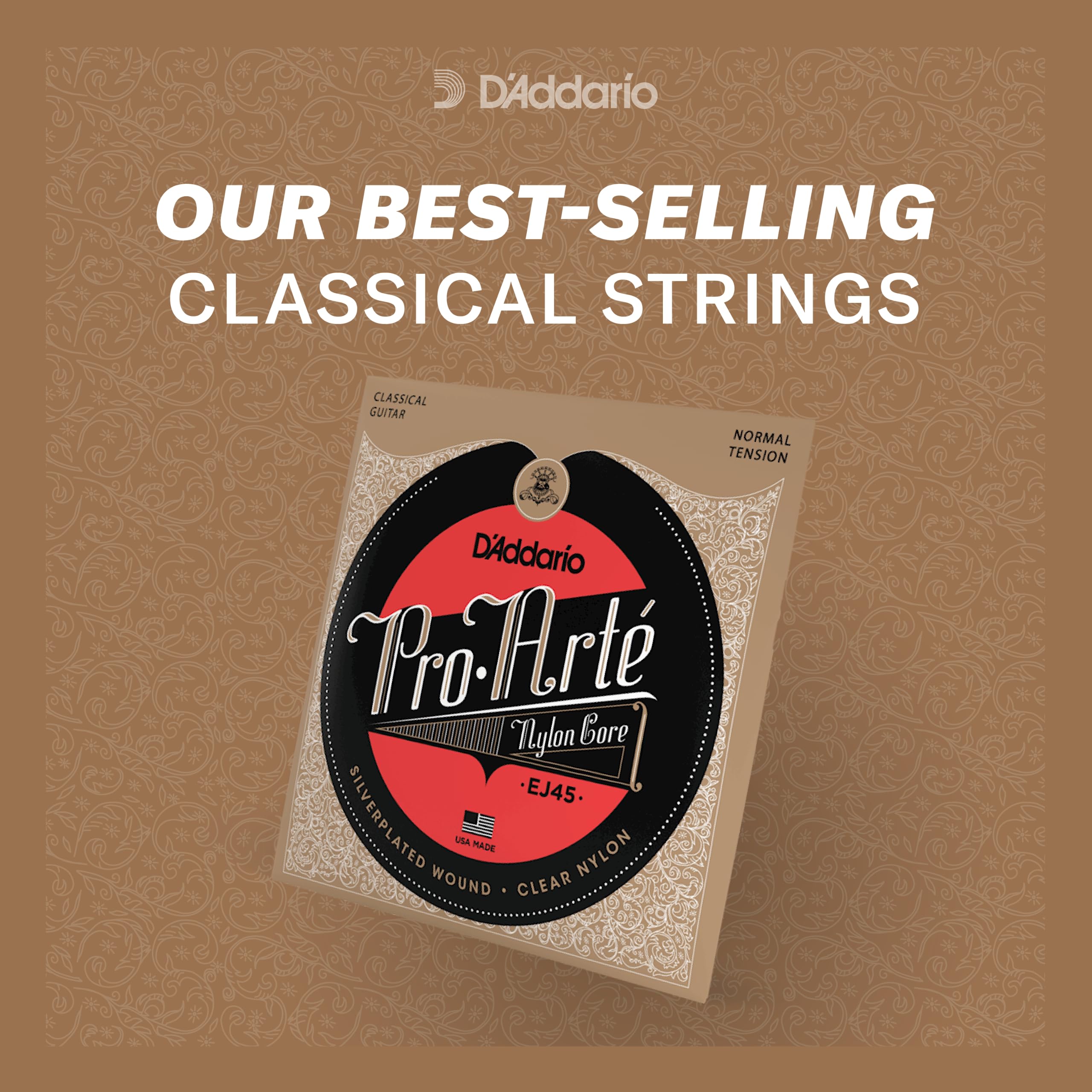 D'Addario Guitar Strings - Pro-Arte Classical Guitar Strings - EJ45C - Nylon Guitar Strings - Silver Plated Wrap, Composite Core, Clear Nylon Trebles - Normal Tension