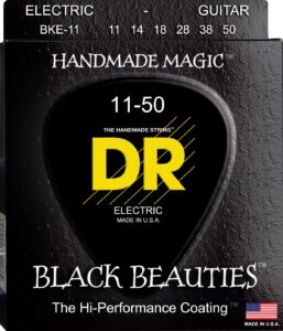 dr strings electric guitar strings, black beauties-black coated, 11-50 (bke-11)