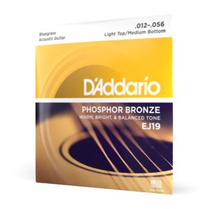 d'addario guitar strings - phosphor bronze acoustic guitar strings - ej19 - rich, full tonal spectrum - for 6 string guitars - 12-56 light top/medium bottom bluegrass