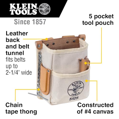 Klein Tools 5125 Canvas and Leather 5-Pocket Tool Pouch with Chain Tape Thong and Tunnel Belt Connection