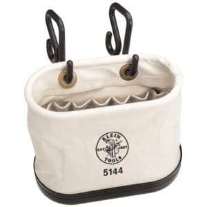 klein tools 5144 canvas bucket, aerial oval tool bucket with black molded polypropylene bottom, includes hooks, 15 pockets