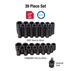 SUNEX TOOLS 2669, 1/2 Inch Drive Master Impact Socket Set, 39-Piece,, 9mm-30mm, Standard/Deep, Cr-Mo Steel, Radius Corner Design, Dual Size Markings, Heavy Duty Storage Case