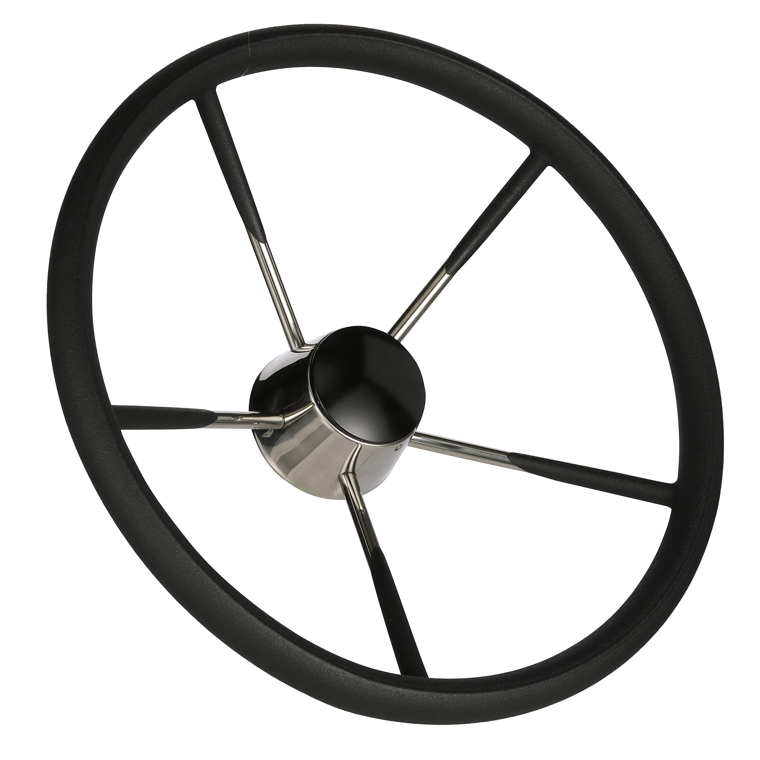 Seachoice 5-Spoke Destroyer Steering Wheel w/Permanent Foam Grip, Stainless Steel, Black Center Cap