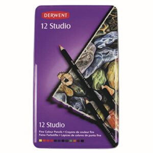 derwent studio colored pencils, 3.4mm core, metal tin, 12 count (32196)