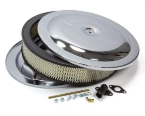 proform 141-307 chrome 14" diameter air cleaner kit with raised chevrolet logo and 3" paper filter