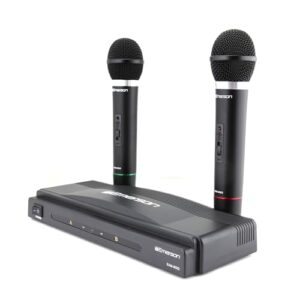 emerson eam-9002 dual handheld wireless microphone starter kit with wireless fm receiver, black