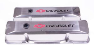 proform valve cover, die-cast, tall, baffled, breather hole, recessed chevrolet bowtie logo, aluminum, polished, small block chevy, pair (141-108)