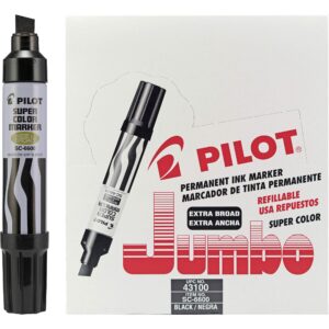 pilot super color jumbo refillable permanent markers, black ink, extra-wide chisel point, 12-pack (43100)