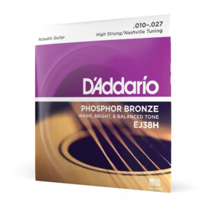 d'addario guitar strings - phosphor bronze acoustic guitar strings - ej38h - rich, full tonal spectrum - for 6 string guitars - 10-27 high strung/nashville tuning