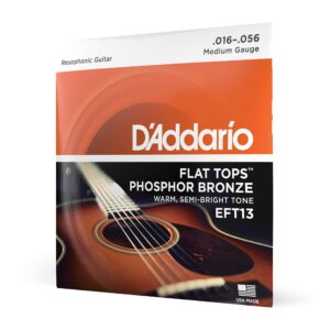 d'addario guitar strings - acoustic guitar strings - flat tops phosphor bronze - for 6 string guitar - warm, semi-bright tone - eft13 - resophonic guitar, 16-56