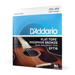 d'addario guitar strings - acoustic guitar strings - flat tops phosphor bronze - for 6 string guitar - warm, semi-bright tone - eft16 - light, 12-53