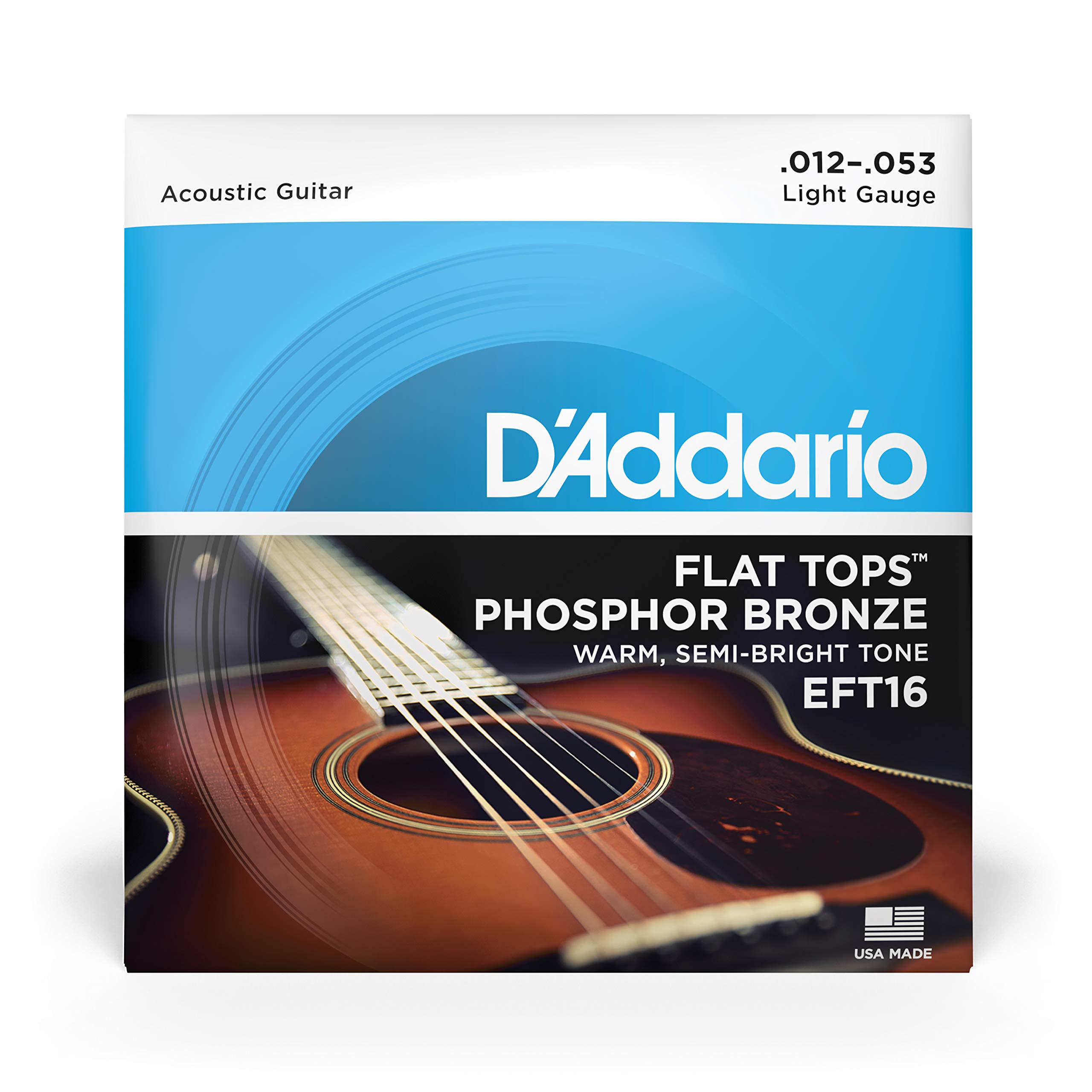 D'Addario Guitar Strings - Acoustic Guitar Strings - Flat Tops Phosphor Bronze - For 6 String Guitar - Warm, Semi-Bright Tone - EFT16 - Light, 12-53