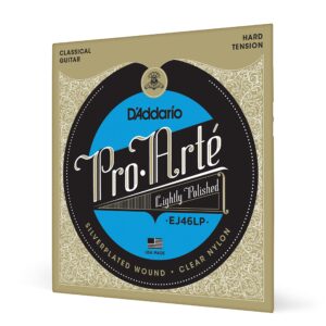 d'addario guitar strings - pro-arte classical guitar strings - ej46lp - nylon guitar strings - silver plated wrap, composite core, clear nylon trebles - lightly polished, hard tension