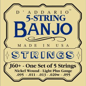 d'addario j60+ 5-string banjo strings, nickel, light plus, 9.5-20