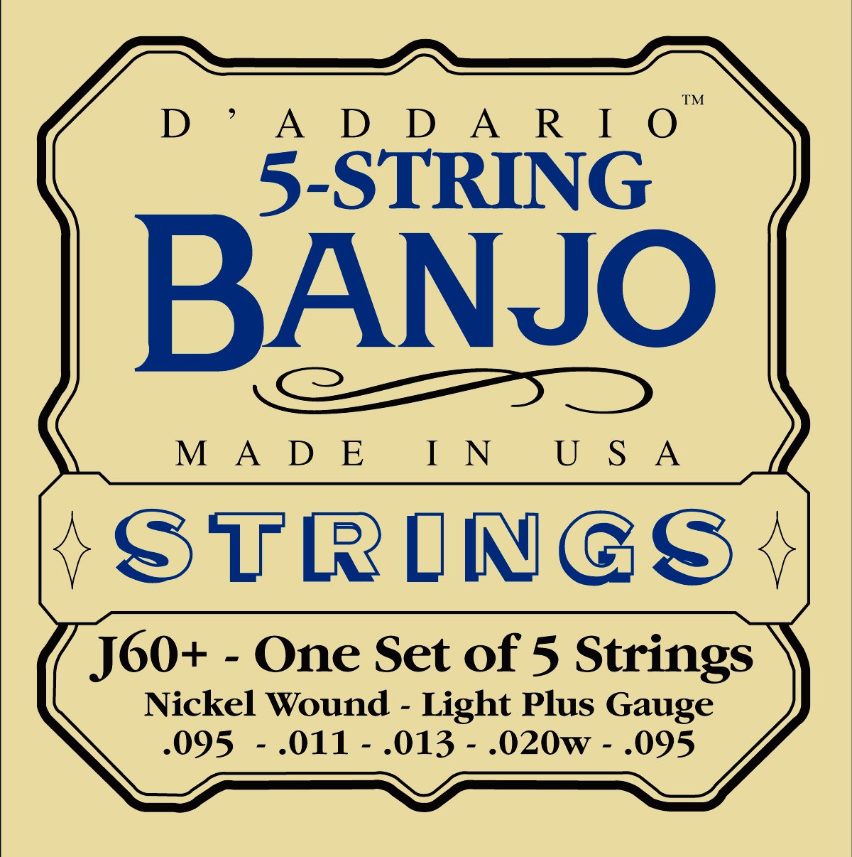 D'Addario J60+ 5-String Banjo Strings, Nickel, Light Plus, 9.5-20