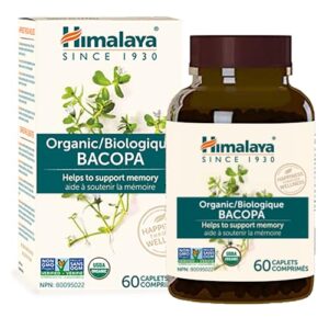 himalaya organic bacopa monnieri nootropic herbal supplement, supports calm, memory, cognition, usda certified organic, non-gmo, 750 mg, 60 plant-based caplets, 60 day supply