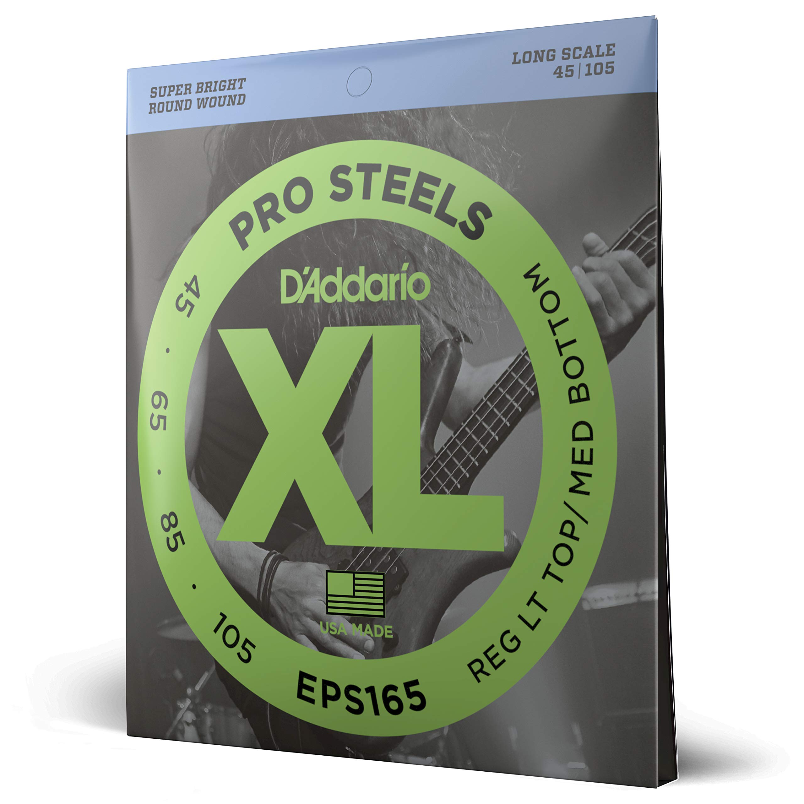 D'Addario XL ProSteels Bass Guitar Strings - EPS165 - Long Scale - Regular Light Top/Medium Bottom, 45-105